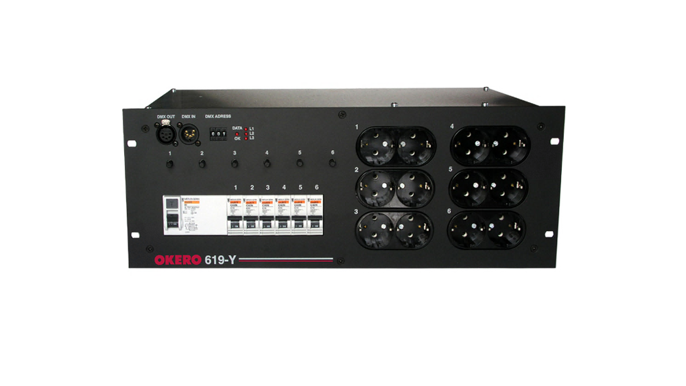 Okero 619 Dimmer Pack | 6 channel, 32 A input, 12 x schuko out - Adapt